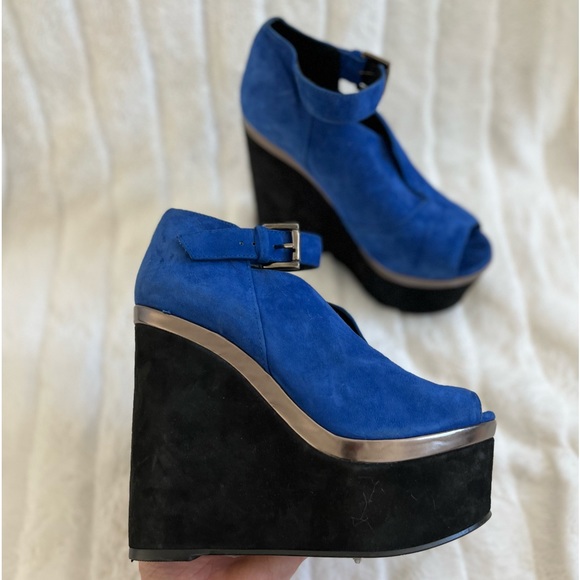 Topshop | Shoes | Topshop Blue And Black Velvet Wedge Platform | Poshmark